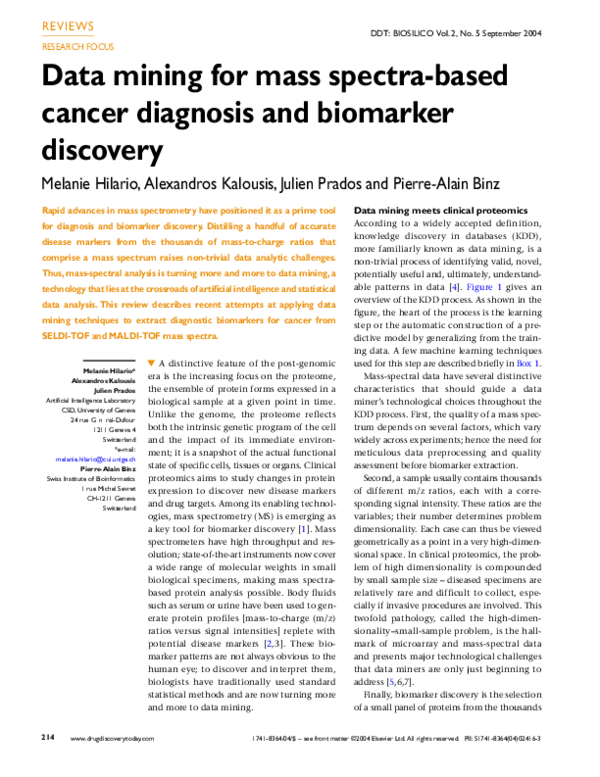 (PDF) Data mining for mass-spectra based diagnosis and biomarker discovery