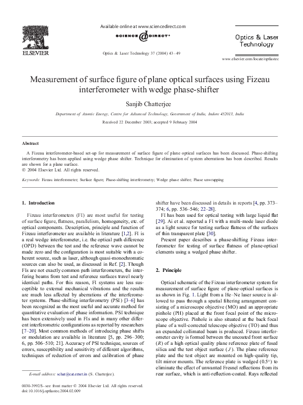 Pdf Measurement Of Surface Figure Of Plane Optical Surfaces With Polarization Phase Shifting