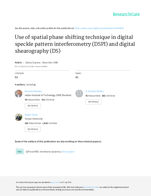 (PDF) Use of spatial phase shifting technique in digital speckle pattern interferometry (DSPI ...