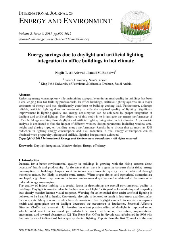 (PDF) INTERNATIONAL JOURNAL OF ENERGY AND ENVIRONMENT Energy savings ...