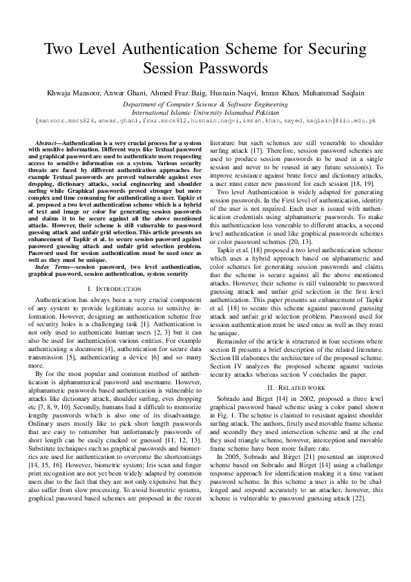 (PDF) Two Level Authentication Scheme for Securing Session Passwords