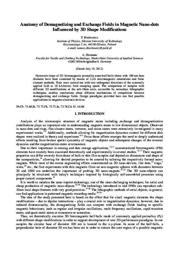 (PDF) Anatomy of Demagnetizing and Exchange Fields in Magnetic Nanodots Influenced by 3D Shape ...