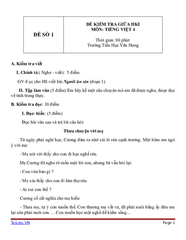 (DOC) Đ S 1 Đ KI M TRA GI A HKI MÔN: TI NG VI T 4 | Vuong Dung - Academia.edu