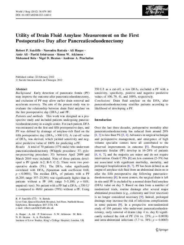 (PDF) Utility of Drain Fluid Amylase Measurement on the First ...