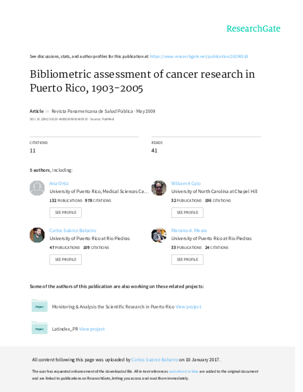 (PDF) Bibliometric assessment of cancer research in Puerto Rico, 1903-2005
