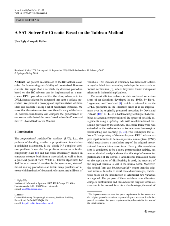 (PDF) A SAT solver for circuits based on the tableau method
