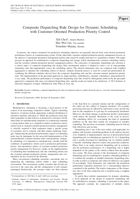 Pdf Composite Dispatching Rule Design For Dynamic Scheduling With Customer Oriented Production