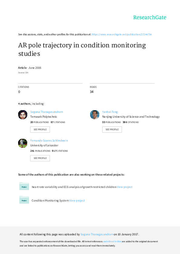 (PDF) AR Pole Trajectory In Condition Monitoring Studies (2006 ...