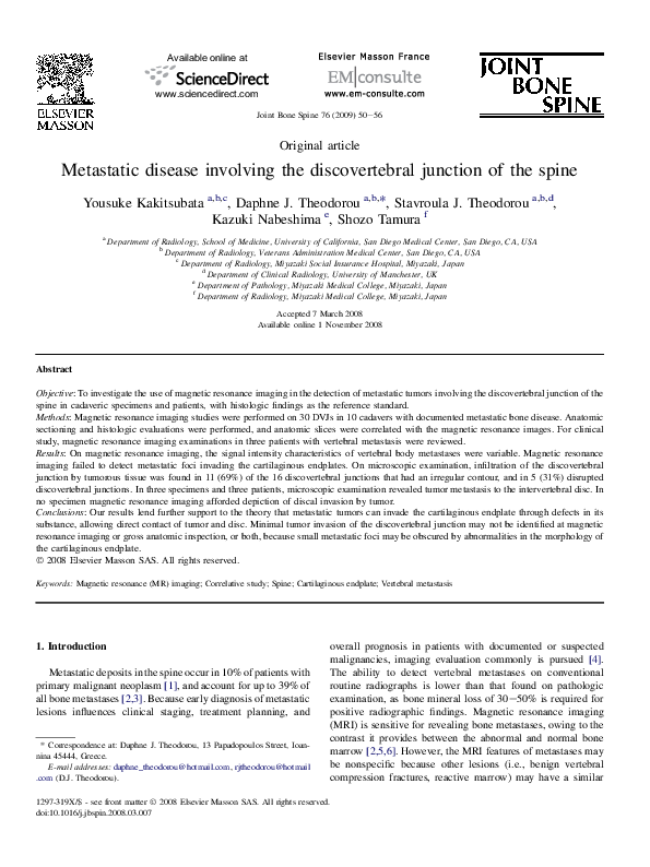 (PDF) Metastatic disease involving the discovertebral junction of the spine