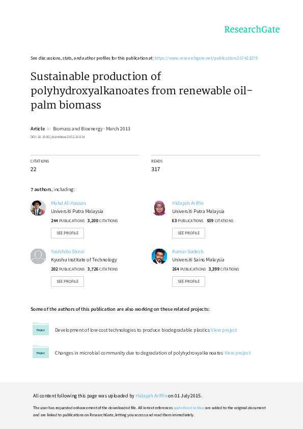 (PDF) Sustainable production of polyhydroxyalkanoates from renewable ...