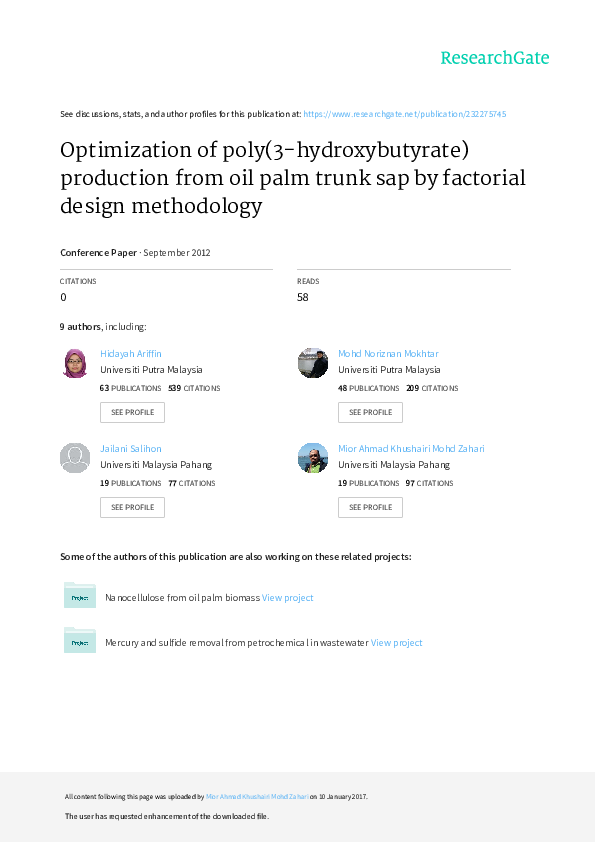 (PDF) Optimization of poly (3-hydroxybutyrate) production from oil palm trunk sap by factorial ...