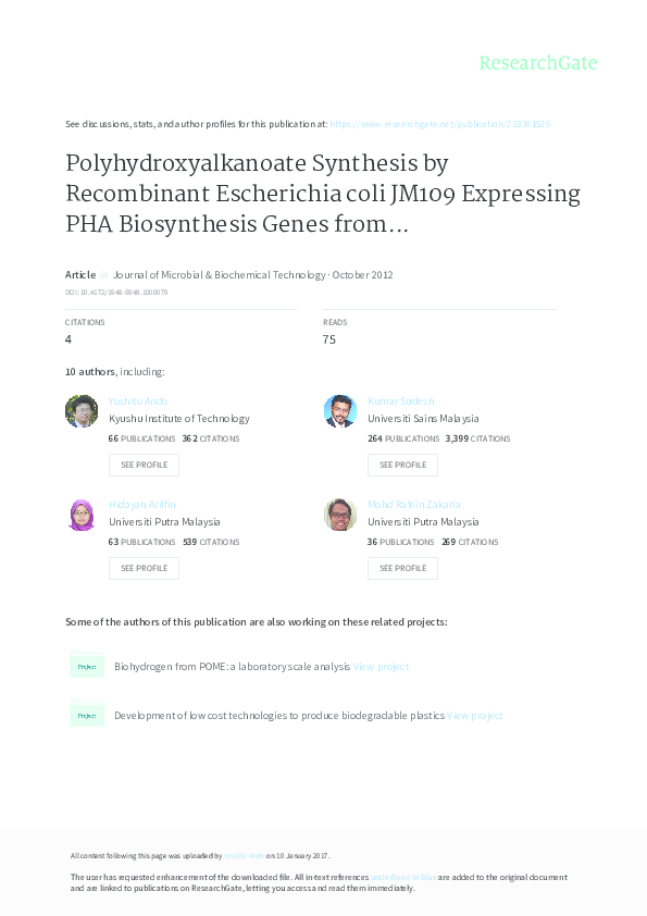 (PDF) Polyhydroxyalkanoate Synthesis by Recombinant Escherichia coli ...
