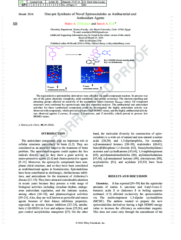 (PDF) One-pot Synthesis of Novel Spirooxindoles as Antibacterial and Antioxidant Agents