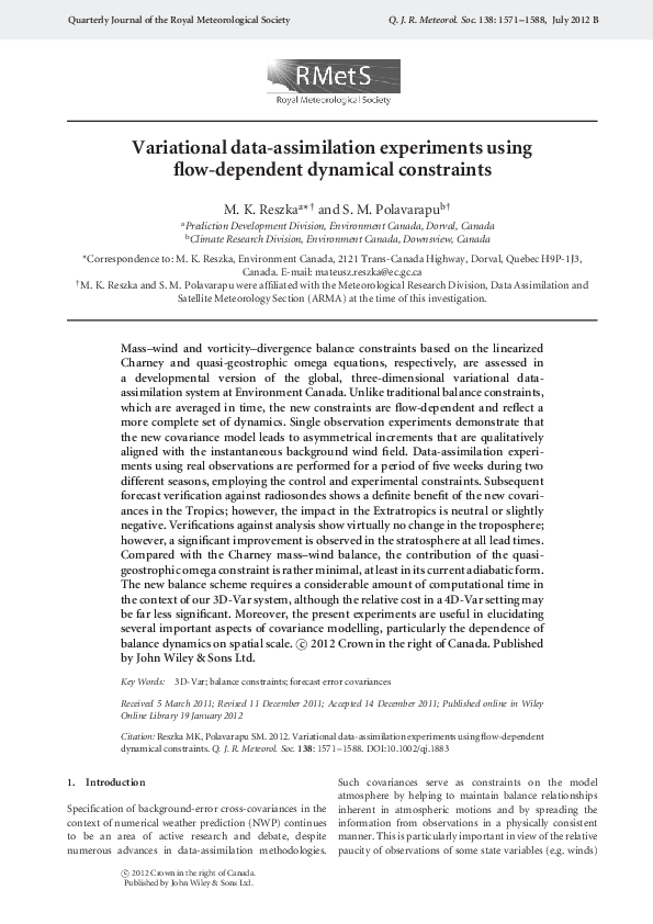 Pdf Variational Data Assimilation Experiments Using Flow Dependent