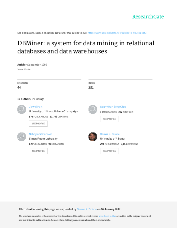 Pdf Dbminer A System For Data Mining In Relational Databases And 8004