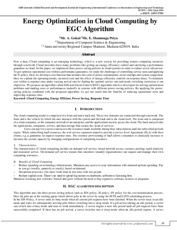 (PDF) Energy Optimization in Cloud Computing by EGC Algorithm