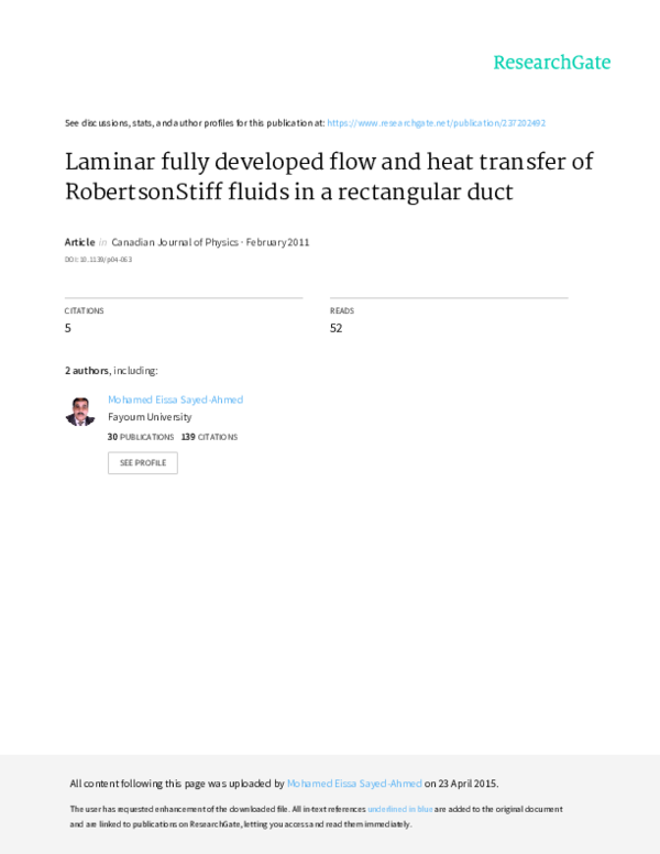 (PDF) Laminar fully developed flow and heat transfer for Robertson-Stiff fluids in rectangular ...