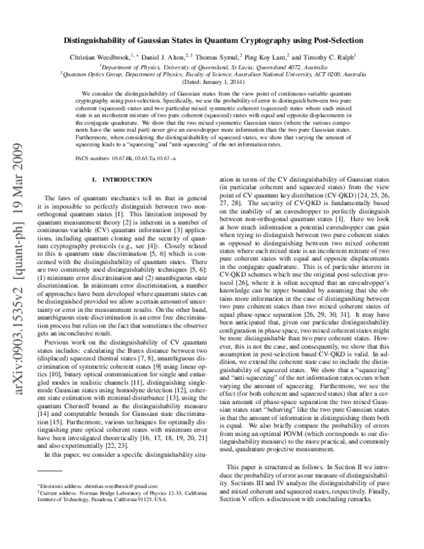 Pdf Distinguishability Of Gaussian States In Quantum Cryptography Using Postselection