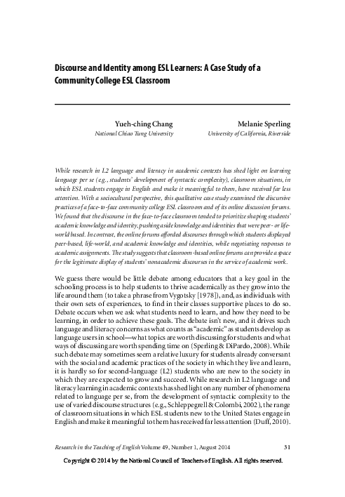 (PDF) Discourse and Identity among ESL Learners: A Case Study of a Community College ESL Classroom
