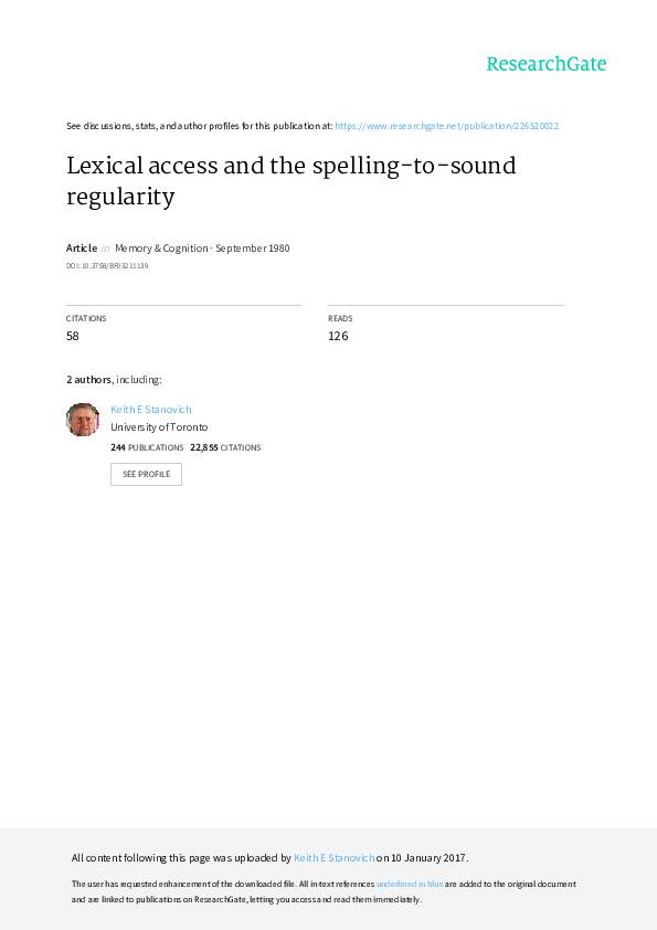 (PDF) Lexical access and the spelling-to-sound regularity effect
