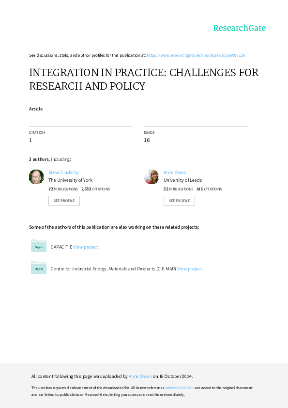 (PDF) Integration In Practice: Challenges for Research and Policy