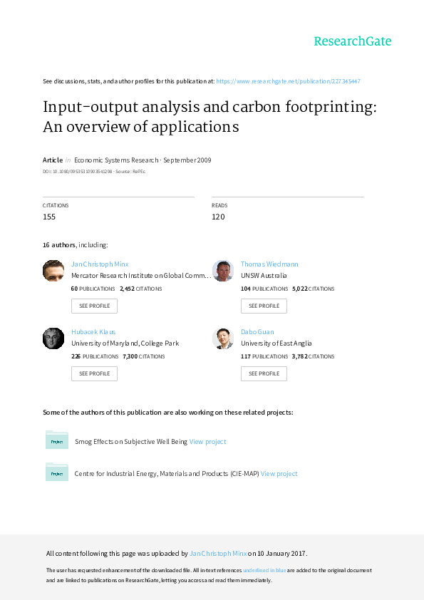 Pdf Inputoutput Analysis And Carbon Footprinting An Overview Of Applications