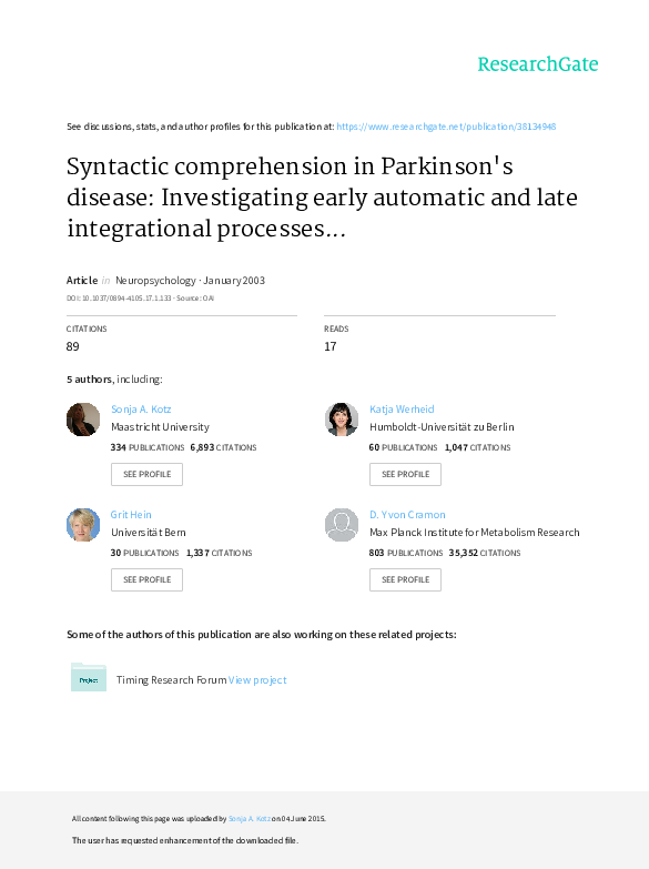 (PDF) Syntactic comprehension in Parkinson's disease: investigating early automatic and late ...
