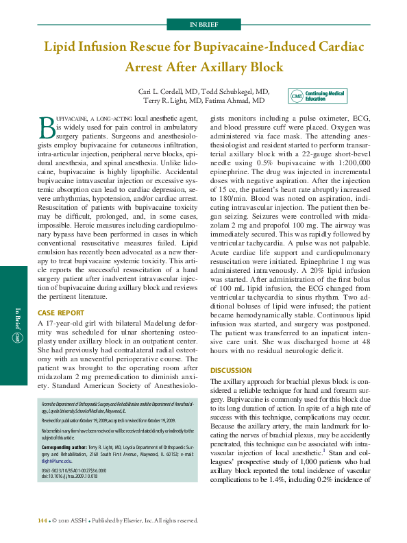 (PDF) Lipid Infusion Rescue for Bupivacaine-Induced Cardiac Arrest ...