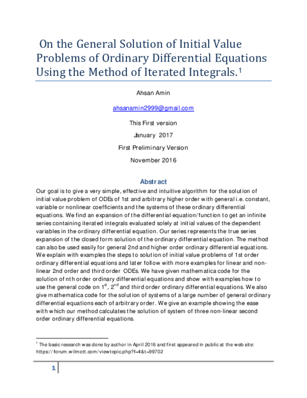 Pdf On The General Solution Of Initial Value Problems Of Ordinary