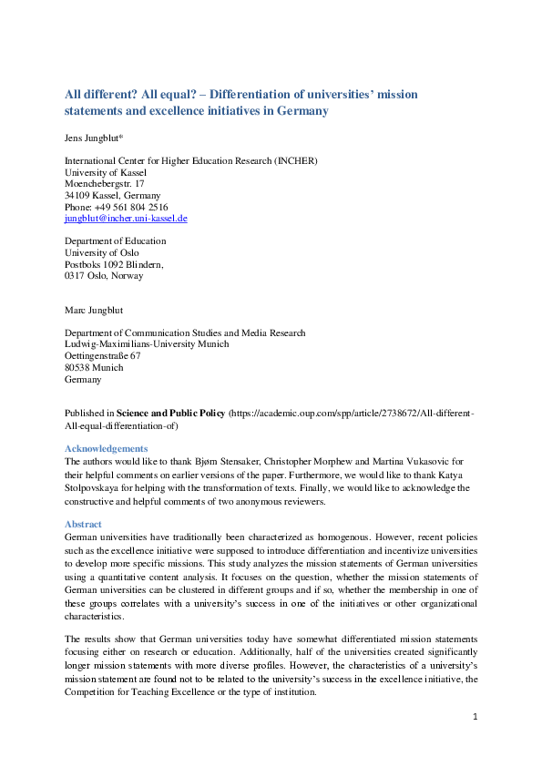 (PDF) All different? All equal? – Differentiation of universities ...