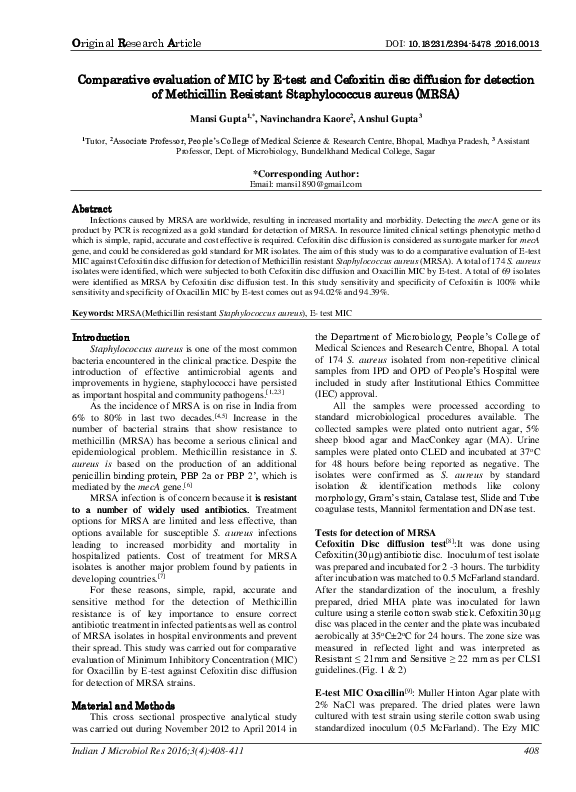 (PDF) Comparative evaluation of MIC by E-test and Cefoxitin disc ...