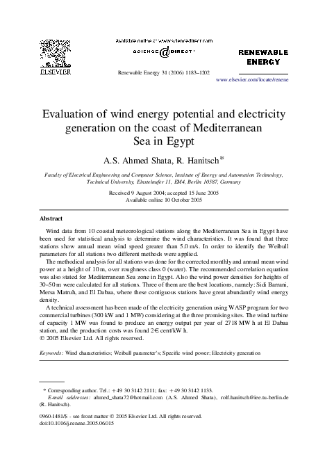 (PDF) Evaluation of wind energy potential and electricity generation on ...