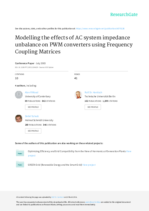 Pdf Modelling The Effects Of Ac System Impedance Unbalance On Pwm Converters Using Frequency