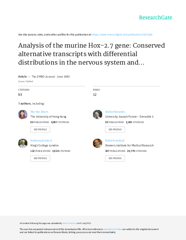 (PDF) Analysis of the murine Hox-2.7 gene: conserved alternative ...