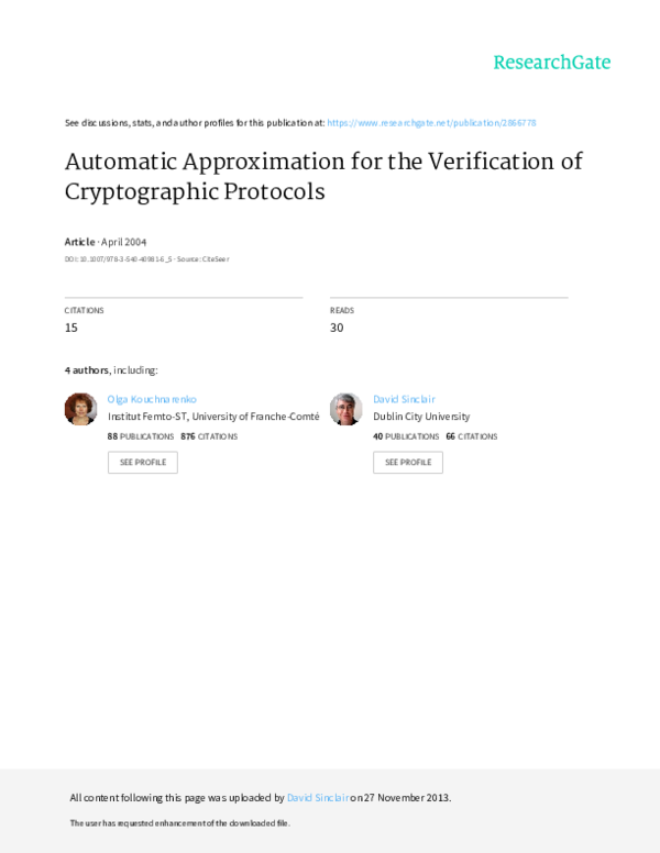 (PDF) Automatic Approximation for the Verification of Cryptographic Protocols