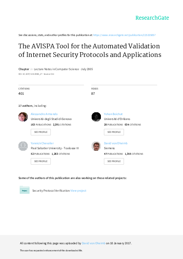 Pdf The Avispa Tool For The Automated Validation Of Internet Security