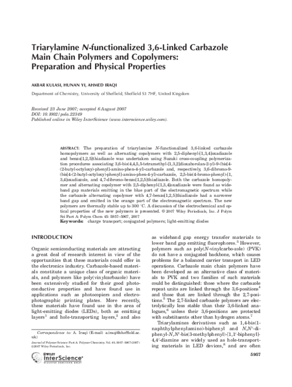 (PDF) Triarylamine N‐functionalized 3, 6‐linked Carbazole Main Chain Polymers and Copolymers ...