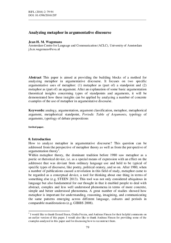 Pdf Analyzing Metaphor In Argumentative Discourse