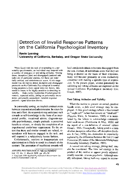 (PDF) Detection of invalid response patterns on the California ...