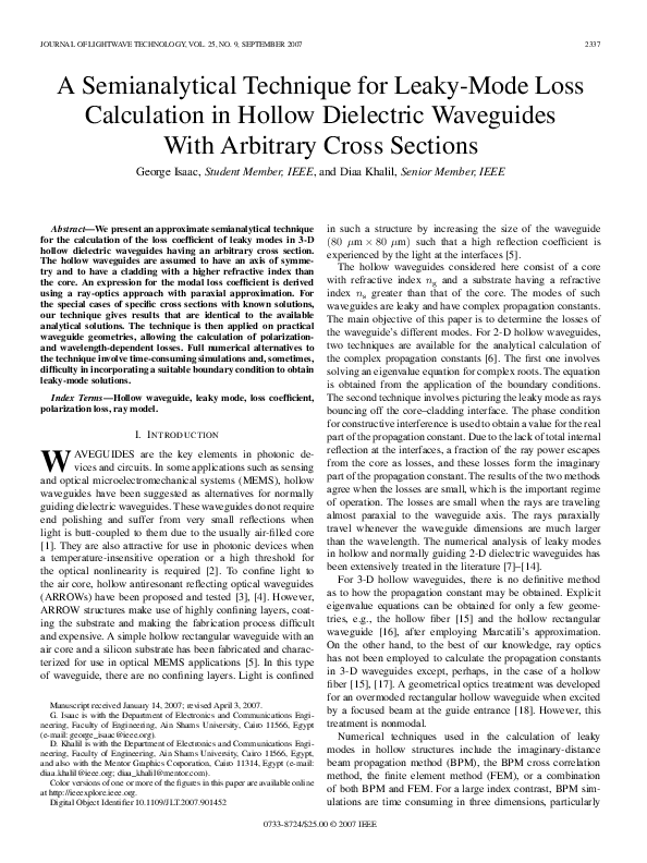 (PDF) A Semianalytical Technique for Leaky-Mode Loss Calculation in Hollow Dielectric Waveguides ...