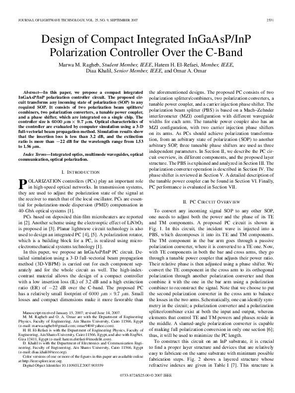 (PDF) Design of Compact Integrated InGaAsP/InP Polarization Controller Over the C-Band