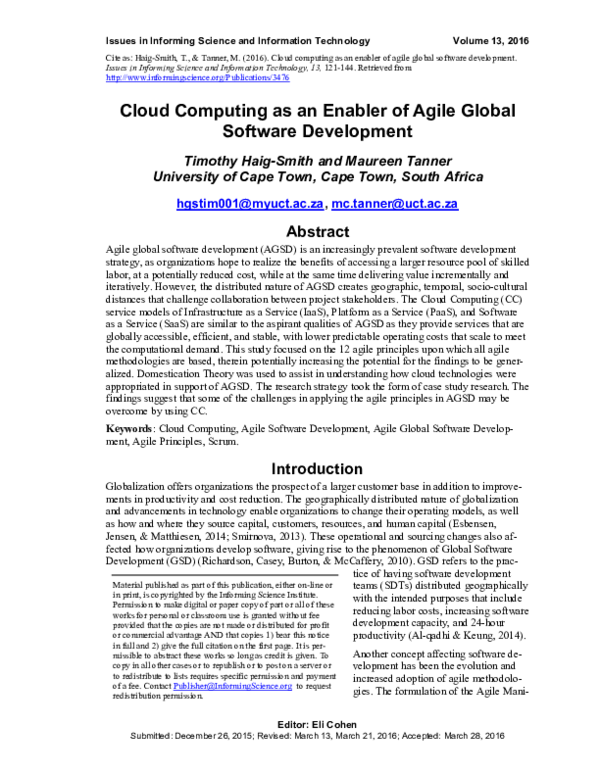 Pdf Cloud Computing As An Enabler Of Agile Global Software Development