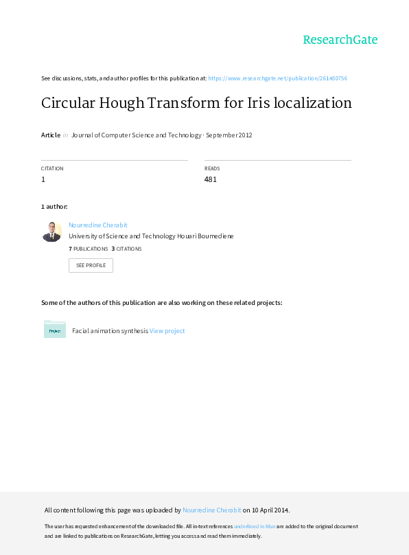 (PDF) Circular Hough Transform for Iris localization