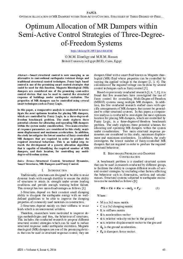 (PDF) Optimum Allocation of MR Dampers within Semi-Active Control Strategies of Three-Degree- of ...