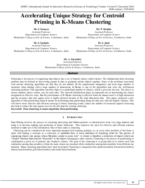 (PDF) Accelerating Unique Strategy for Centroid Priming in K-Means Clustering