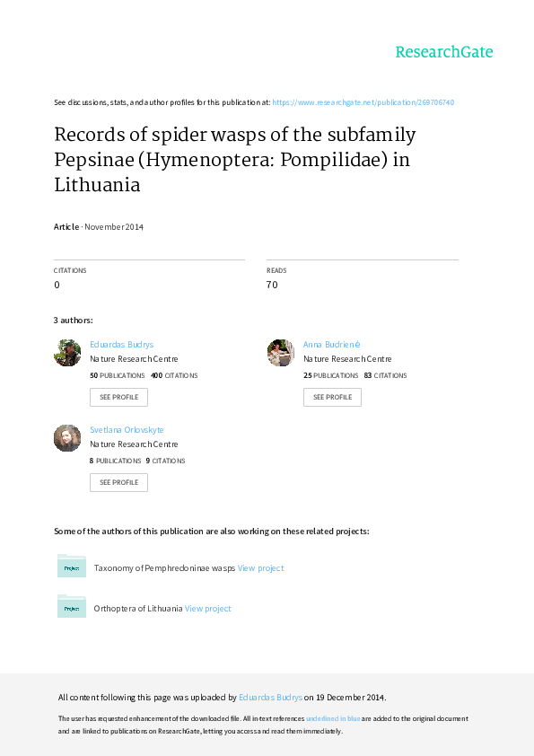 (PDF) Records of spider wasps of the subfamily Pepsinae (Hymenoptera ...
