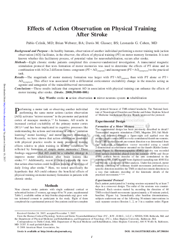 (PDF) Effects of action observation on physical training after stroke