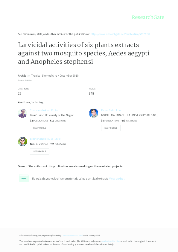 (PDF) Larvicidal activities of six plants extracts against two mosquito species, Aedes aegypti ...