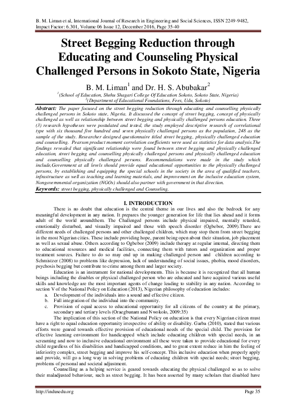 (PDF) Street Begging Reduction through Educating and Counseling Physical Challenged Persons in ...