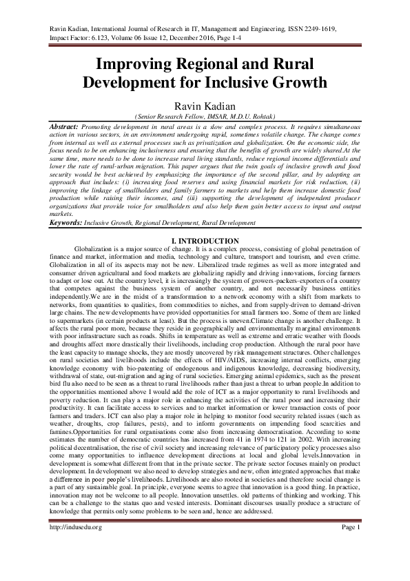 (PDF) Improving Regional and Rural Development for Inclusive Growth